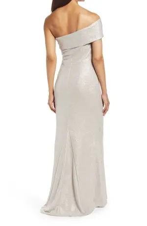 Eliza J One-shoulder Glitter Mermaid Gown - Beige