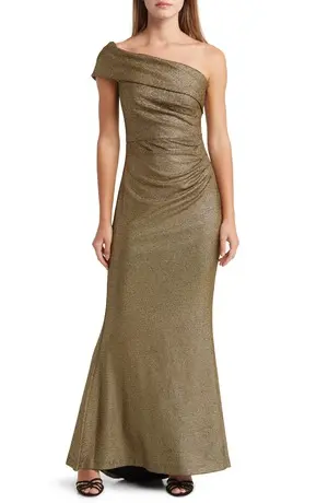 Eliza J One-Shoulder Glitter Mermaid Gown Black Gold