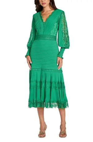 Tadashi Shoji Lace Pintuck Long-sleeve Cocktail Dress - Gucci Green
