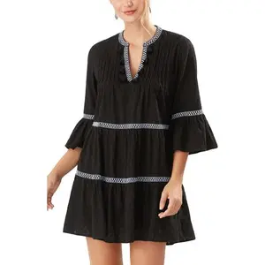 Tommy Bahama Embroidered Tiered Cotton Dress - Black