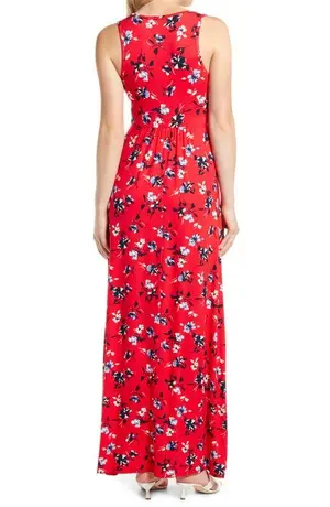 Loveappella Floral V-neck Jersey Maxi Dress - Red