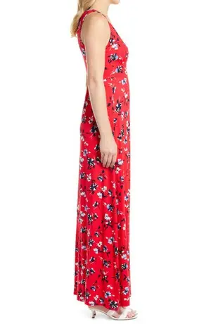 Loveappella Floral V-neck Jersey Maxi Dress - Red