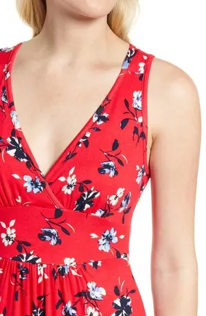 Loveappella Floral V-neck Jersey Maxi Dress - Red