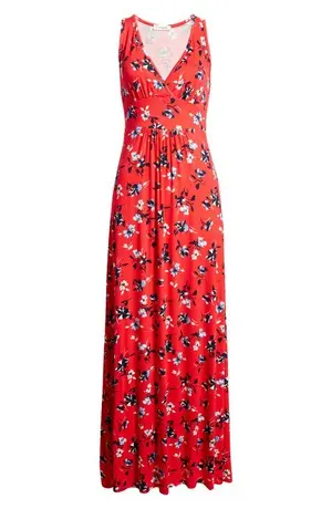 Loveappella Floral V-neck Jersey Maxi Dress - Red