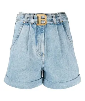 Balmain Belted High-waisted Pleated Denim Shorts