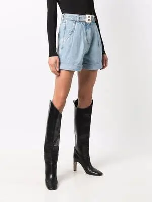 Balmain Belted High-waisted Pleated Denim Shorts