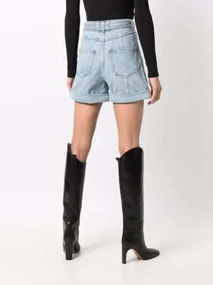 Balmain Belted High-waisted Pleated Denim Shorts