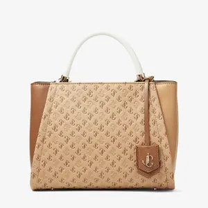 JIMMY CHOO - Varenne Top Handle M Caramel Mix Jc Monogram Pattern Top Handle Bag With Leather Handle