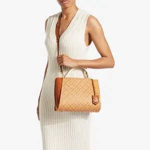JIMMY CHOO - Varenne Top Handle M Caramel Mix Jc Monogram Pattern Top Handle Bag With Leather Handle