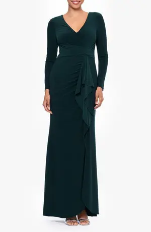 Betsy & Adam Cascade Ruffle Stretch Jersey Gown
