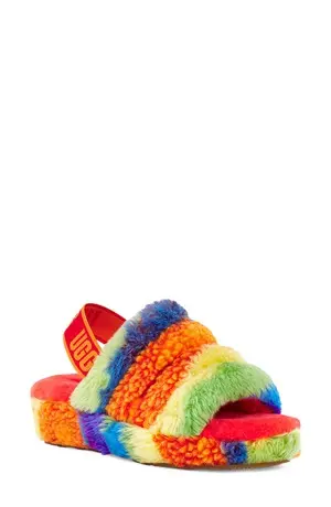 UGG Ugg Pride Fluff Yeah Faux Fur Slingback Sandal Rainbow Stripes