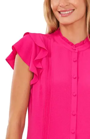 CECE DUPRAZ Pintuck Ruffle Short Sleeve Blouse