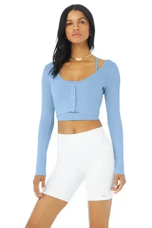 Alo Yoga ALO Ribbed Cropped Cardigan Top Blue Skies