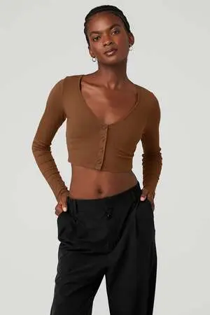 Alo Yoga ALO Ribbed Cropped Cardigan Top Cinnamon Brown