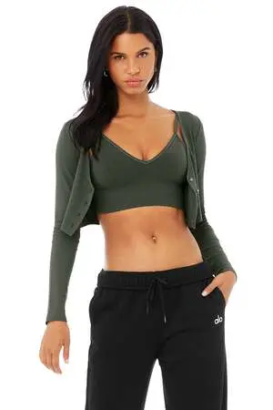 Alo Yoga ALO Ribbed Cropped Cardigan Top Dark Cactus