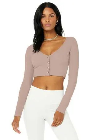 Alo Yoga ALO Ribbed Cropped Cardigan Top Dusty Pink