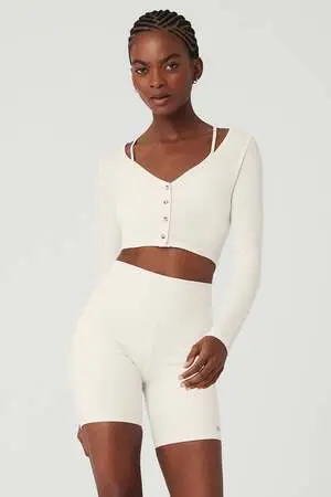 Alo Yoga ALO Ribbed Cropped Cardigan Top Ivory
