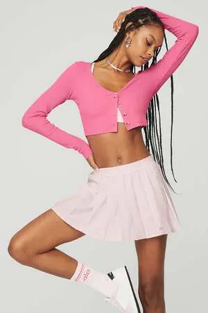 Alo Yoga ALO Ribbed Cropped Cardigan Top Pink Fuchsia
