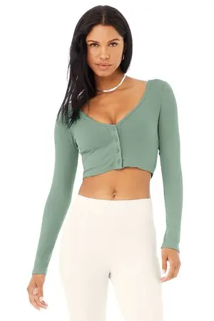 Alo Yoga ALO Ribbed Cropped Cardigan Top Soft Seagrass