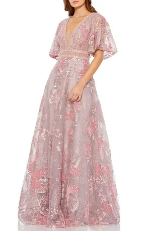 Mac Duggal Embellished Embroidered Flutter Sleeve A-line Gown Pink
