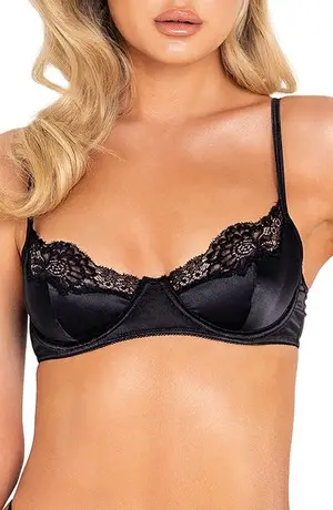 ROMA CONFIDENTIAL Lace Trim Satin Underwire Bra & Thong Set Black