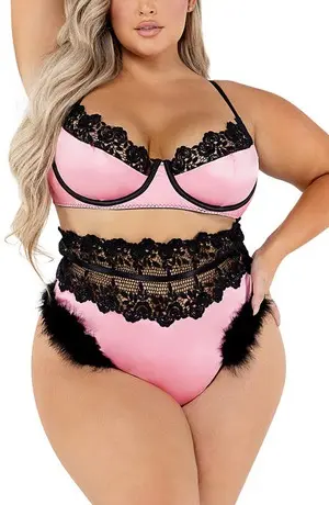 ROMA CONFIDENTIAL Lace Trim Satin Underwire Bra & Thong Set Pink/black