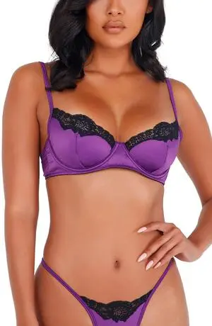 ROMA CONFIDENTIAL Lace Trim Satin Underwire Bra & Thong Set Purple/ Black