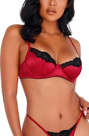 ROMA CONFIDENTIAL Lace Trim Satin Underwire Bra & Thong Set Red/black