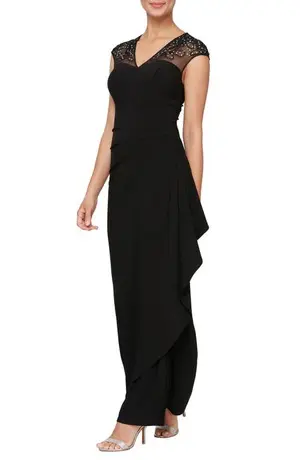 Alex Evenings Illusion Lace Matte Jersey Column Gown - Black