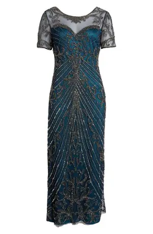 Pisarro Nights Illusion Beaded Mesh Column Gown - Cobalt