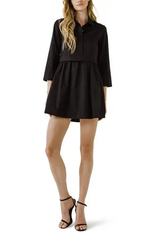 English Factory Long Sleeve Mini Shirt Dress - Black