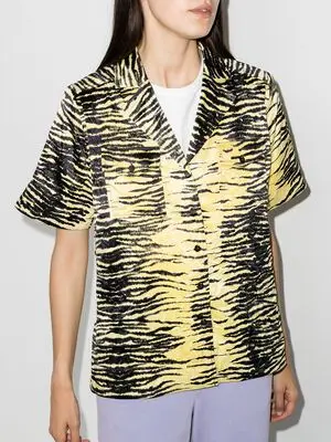 GANNI Tiger Print Notch Collar Shirt