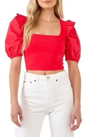 English Factory Mixed Media Puff Sleeve Crop Top - Red