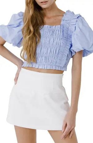 English Factory Shirred Bodice Puff Sleeve Crop Top