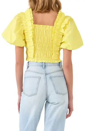 English Factory Shirred Bodice Puff Sleeve Crop Top