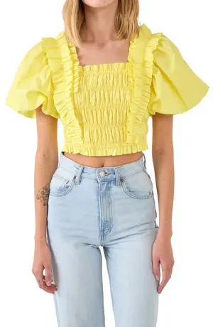 English Factory Shirred Bodice Puff Sleeve Crop Top