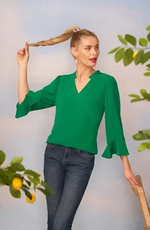 CECE DUPRAZ Ruffle Cuff Crepe Top - Green