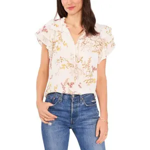 1.State Floral Print Flutter Sleeve Top White Pattern