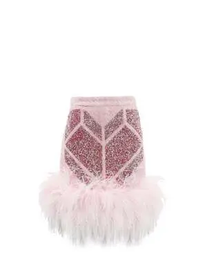 Germanier Germanier - Upcycled-beaded And Feather-trimmed Tweed Skirt - Womens - Light Pink - Light Pink