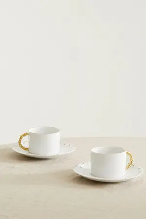 L'Objet Haas Brothers Mojave Set Of Two Gold-plated Porcelain Tea Cups And Saucers - White
