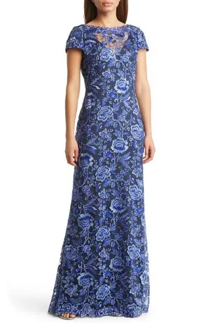 Tadashi Shoji Embroidered Lace Gown - Blue Violet/navy