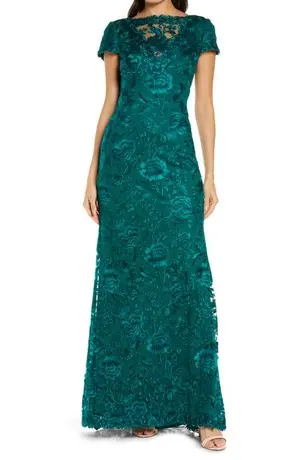 Tadashi Shoji Embroidered Lace Gown - Malachite