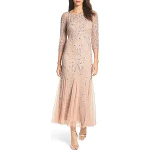 Pisarro Nights Illusion Sleeve Beaded A-line Gown - Blush