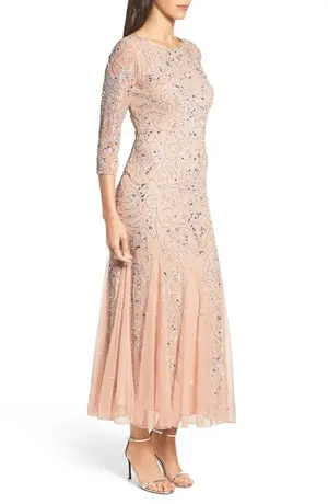Pisarro Nights Illusion Sleeve Beaded A-line Gown - Blush