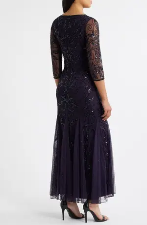 Pisarro Nights Illusion Sleeve Beaded A-line Gown - Deep Purpl 505