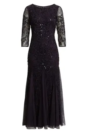 Pisarro Nights Illusion Sleeve Beaded A-line Gown - Deep Purpl 505