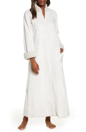 Natori Faux Shearling Trim Velour Caftan Bone