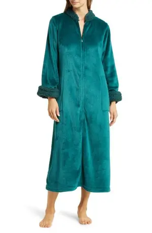 Natori Faux Shearling Trim Velour Caftan Cypress Green