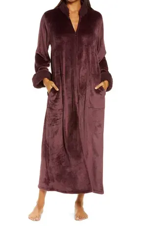 Natori Faux Shearling Trim Velour Caftan Deep Garnet