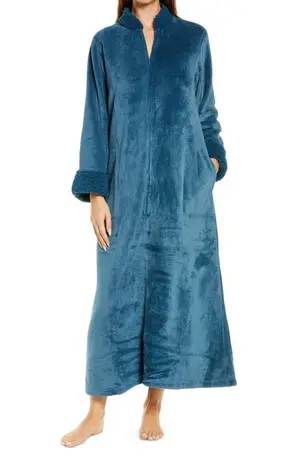 Natori Faux Shearling Trim Velour Caftan Morning Teal